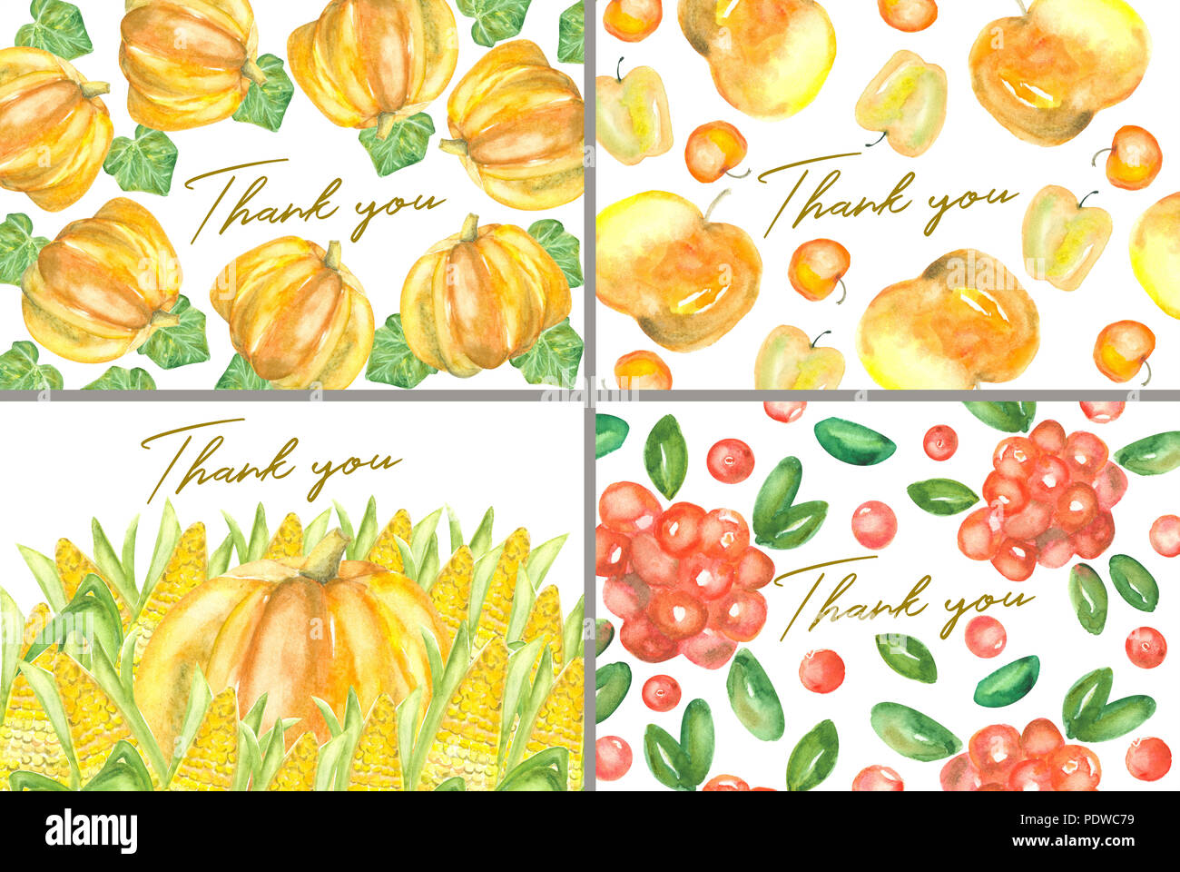set of 4 thank you cards decorated with different autumn watercolor ...