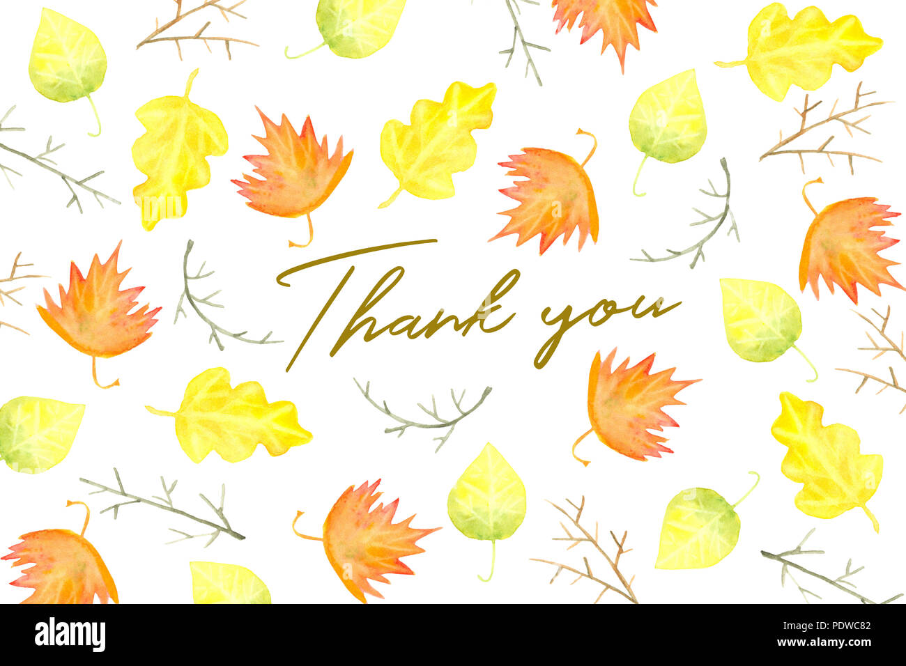 Thank you card design with watercolor autumn foliage and branches Stock ...