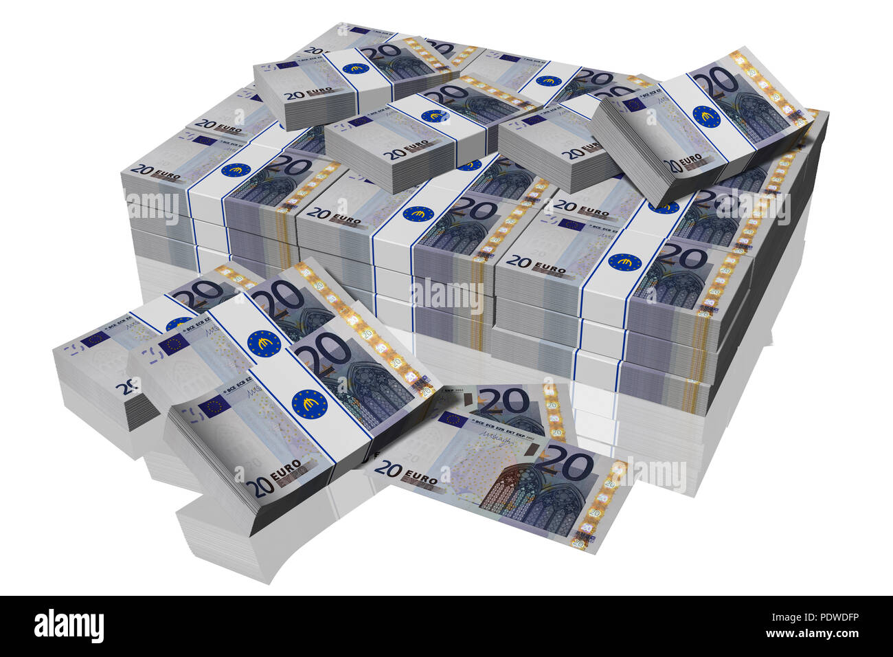 3D illustration. Pile of banknotes of 20 euro on a white background ...