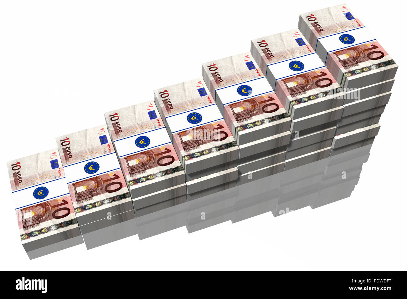 3D illustration. Ten euro. growing piles of banknotes on white ...