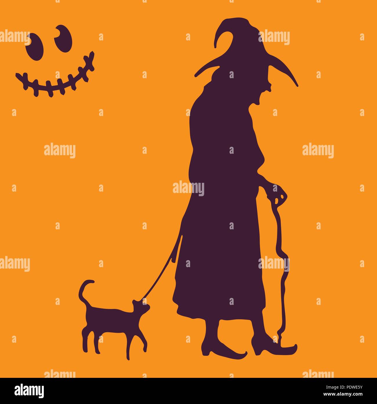 Witch cat Halloween. Vector illustration. Orange background Stock ...