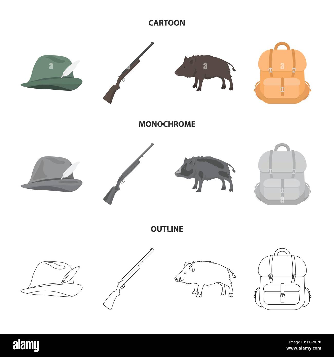 A hunting hat with a feather, a wild boar, a rifle, a backpack with ...