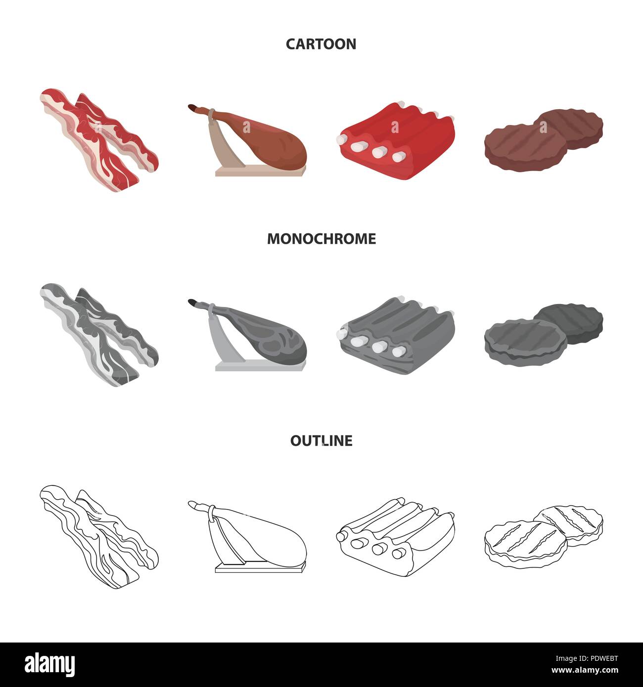Bacon, jamon, pork ribs, fried cutlets. Meat set collection icons in ...