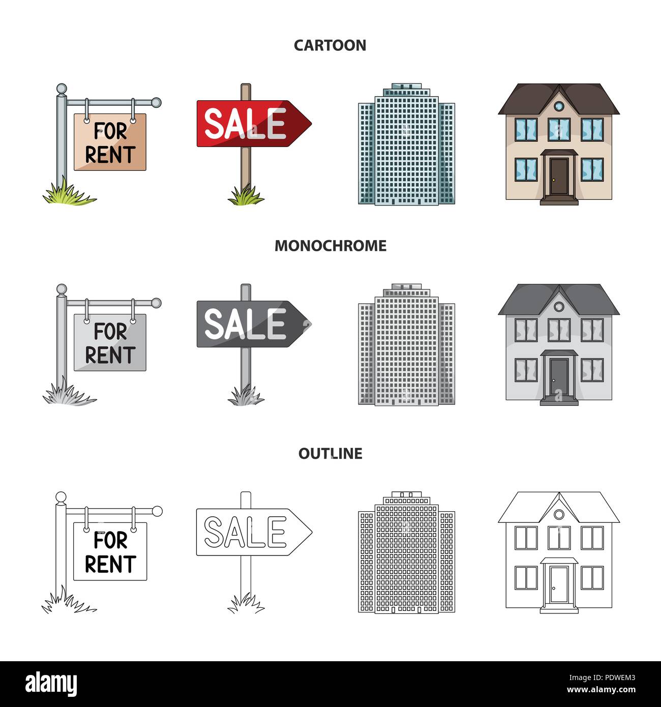 Signs of sale and rent, a skyscraper, a two-story cottage.Realtor set ...