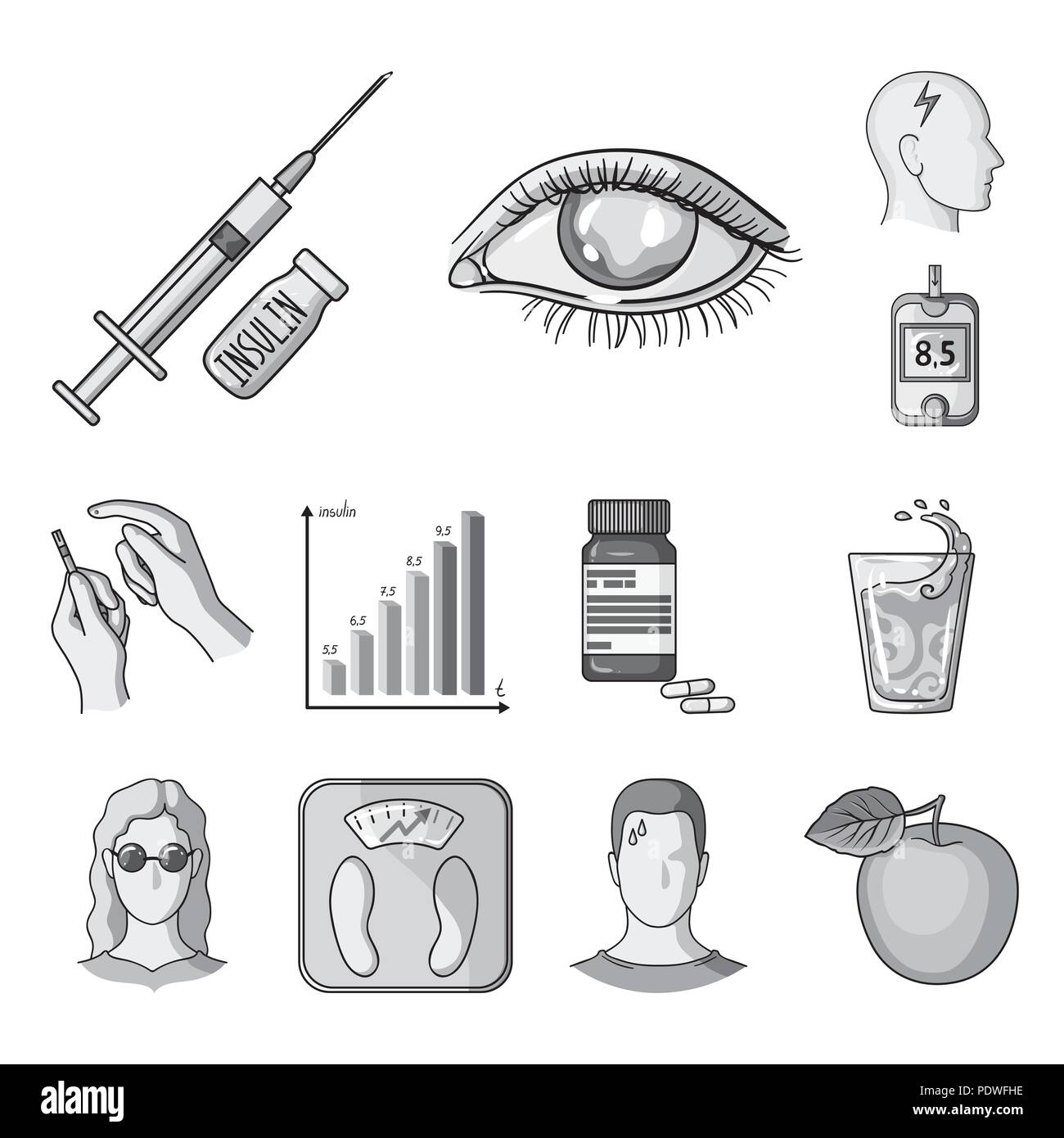Diabetes monochrome icons in set collection for design. Treatment of ...