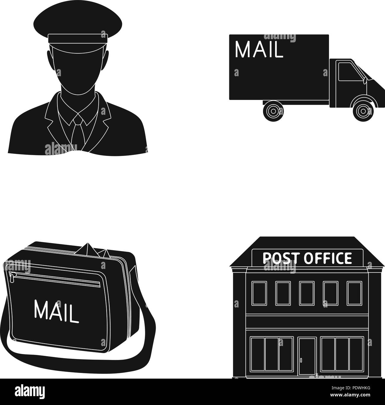 The postman in uniform, mail machine, bag for correspondence, postal ...