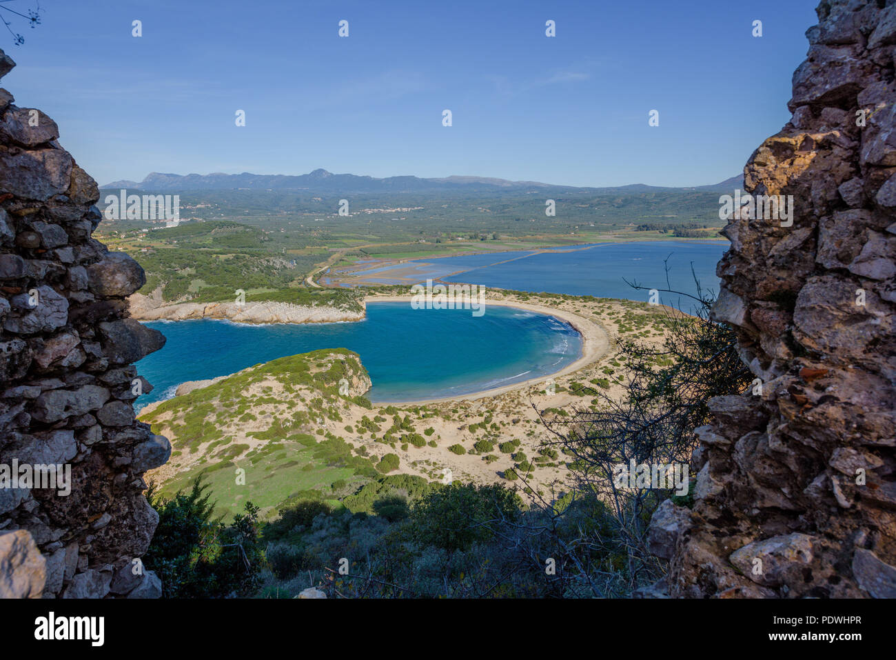 Old Navarino Castle looking over the Pylos bay in Gialova, Peloponnese ...