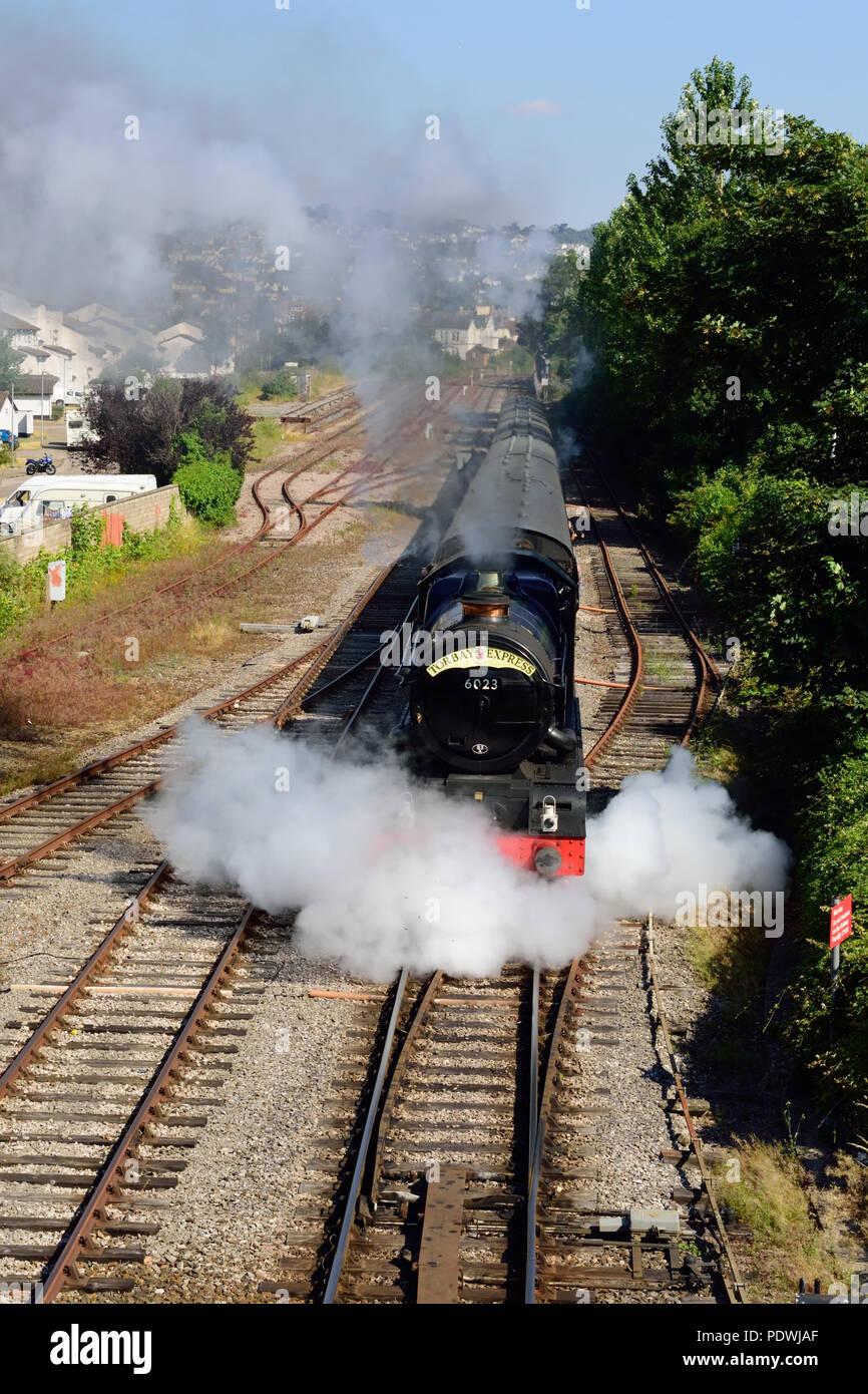 Steam train arriving at Goodrington on the Dartmouth Steam Railway, hauled by GWR King class ...