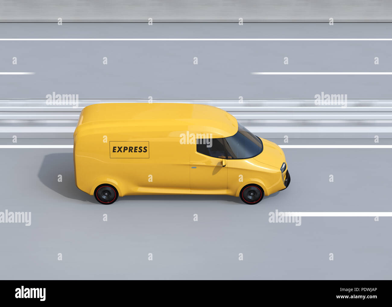 Side view of yellow self-driving delivery van driving on highway. 3D ...