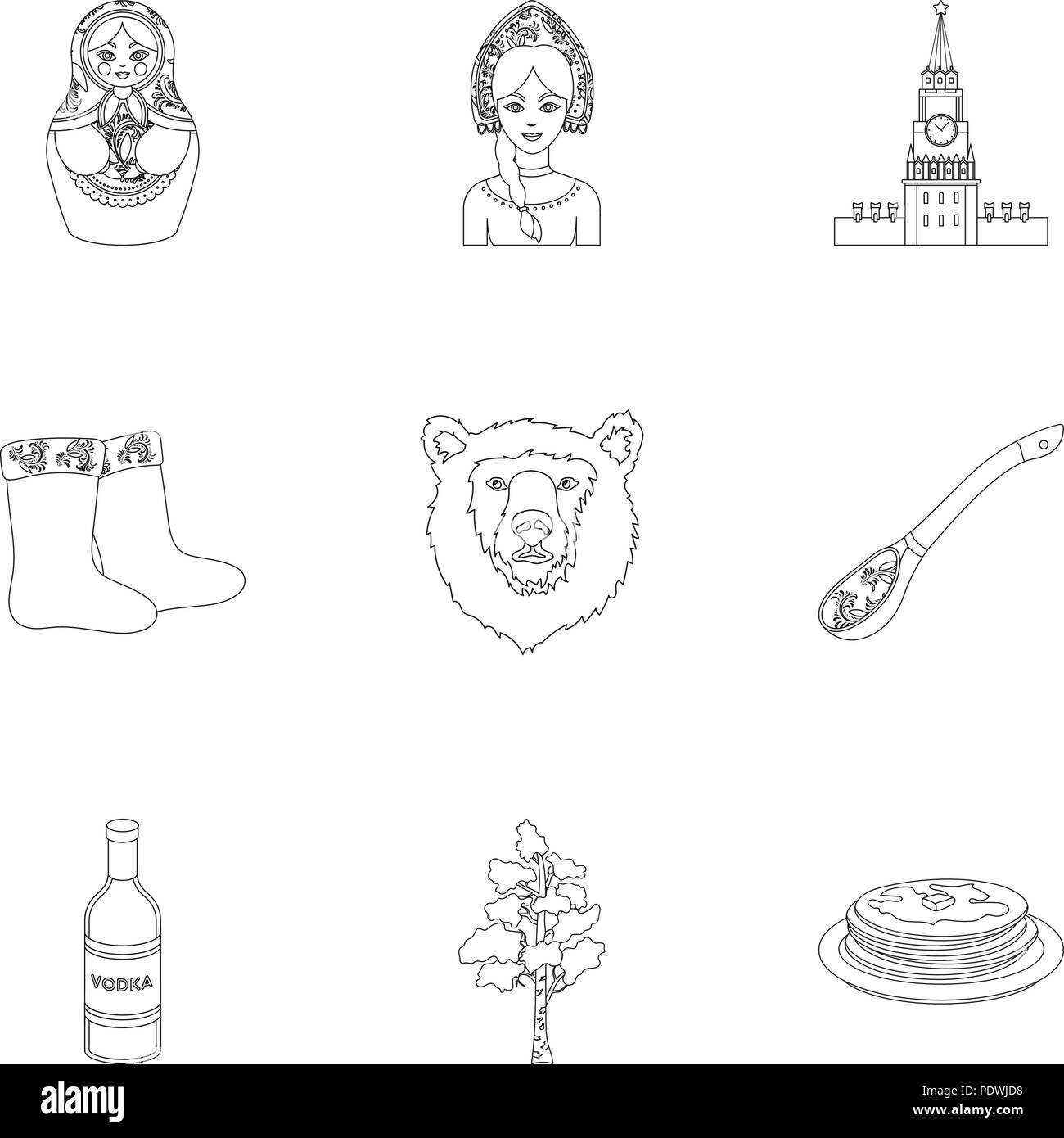 Russia country set icons in outline design. Big collection of Russia ...