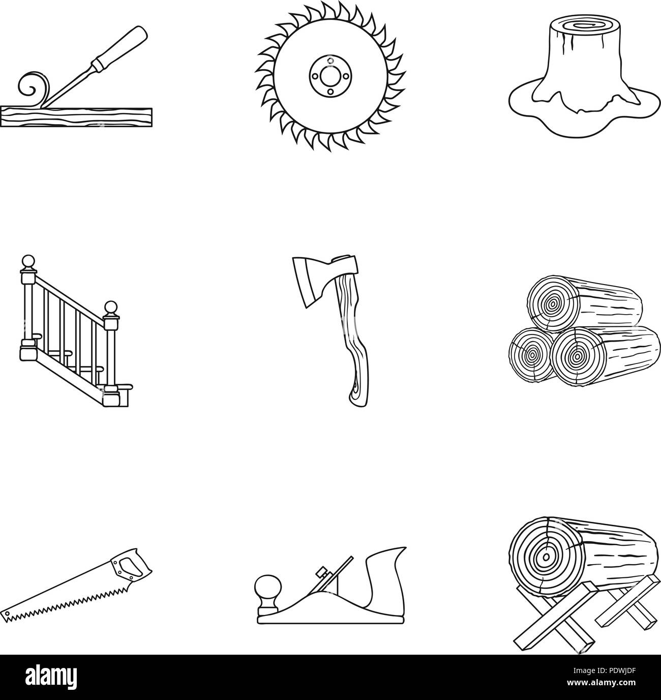 Sawmil and timber set icons in outline style. Big collection of sawmill ...