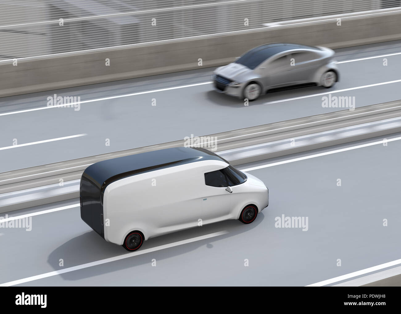 Self-driving delivery van driving on highway. 3D rendering image Stock ...