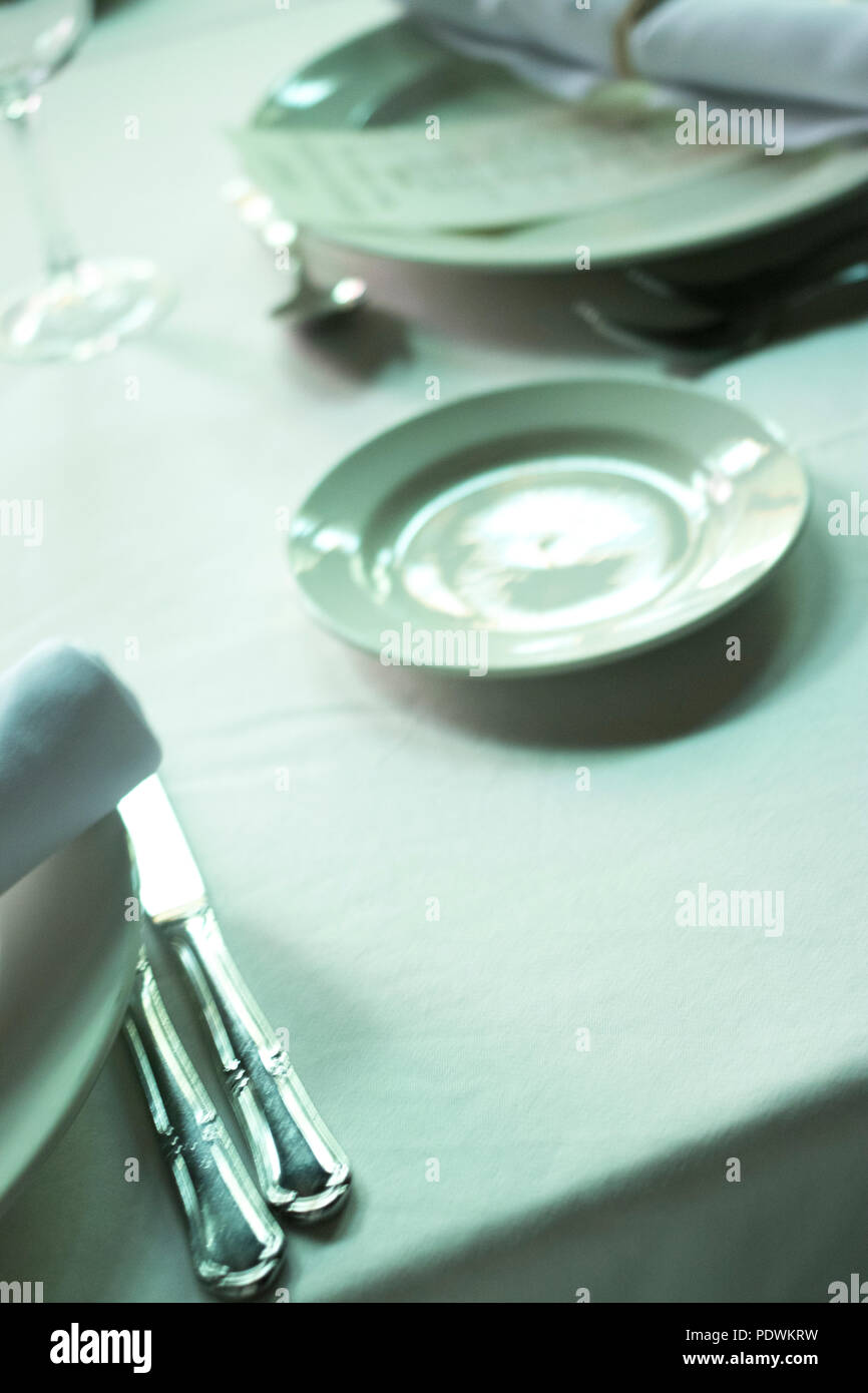 Wedding reception banquet dinner party table place settings set in ...