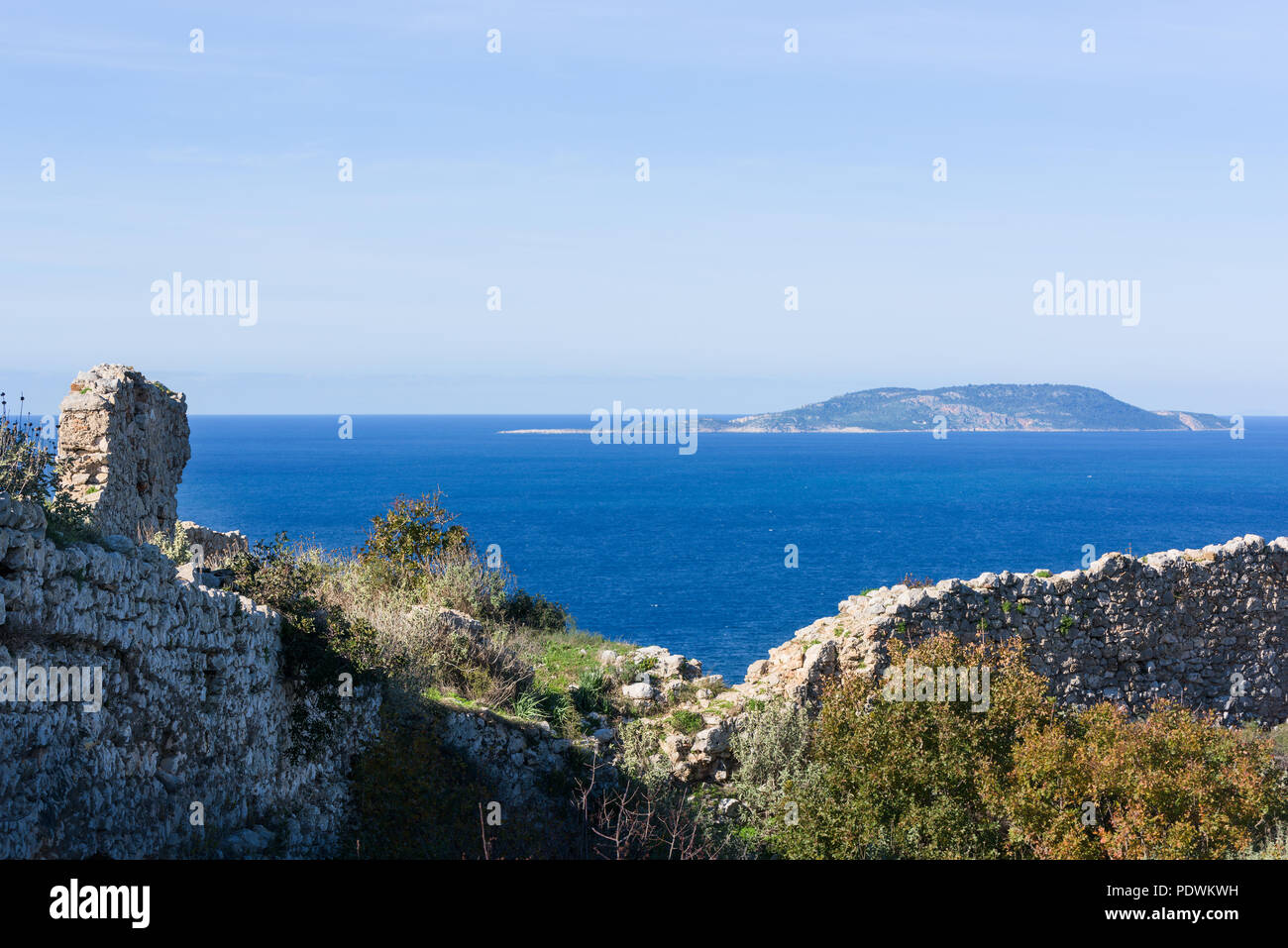 Old Navarino Castle looking over the Pylos bay in Gialova, Peloponnese ...