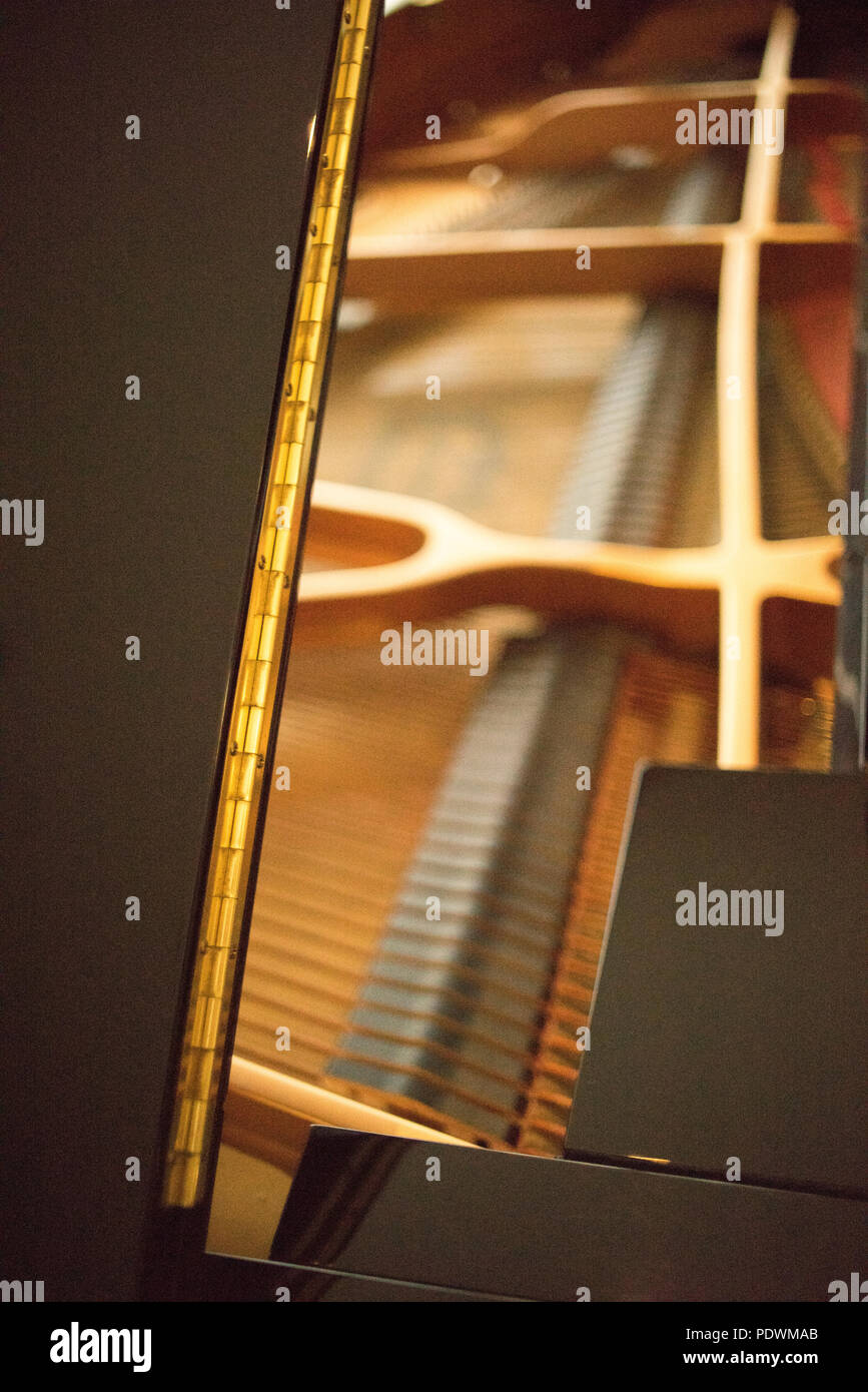 Concert hall grand piano strings ready for classical music performance ...