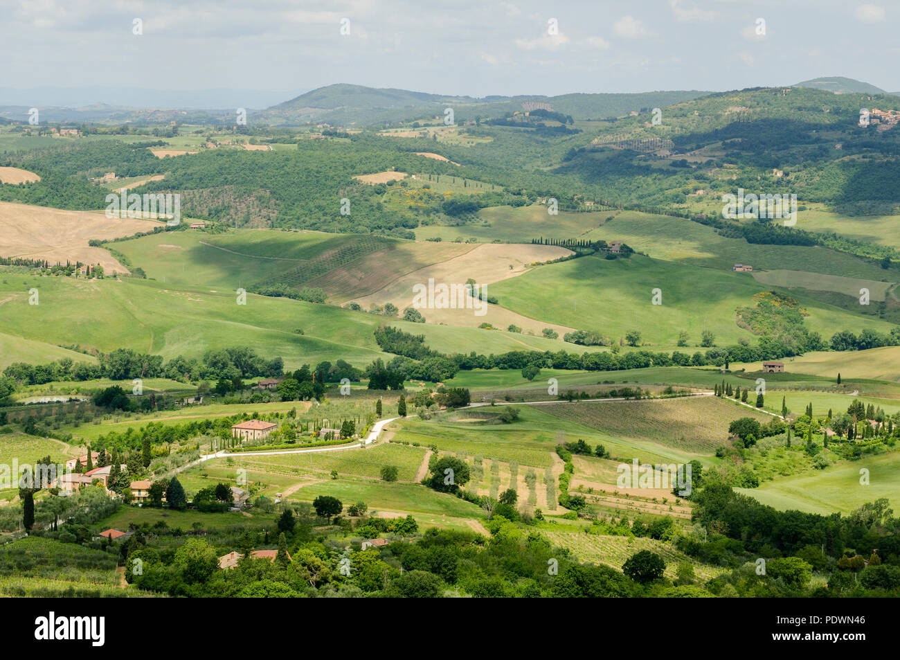 Scenic view of typical Tuscany landscape in Val D'Orcia: hills, meadows ...