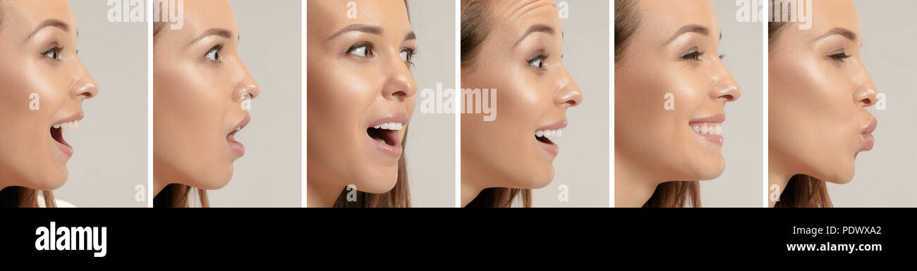 The collage of different human facial expressions, emotions and ...