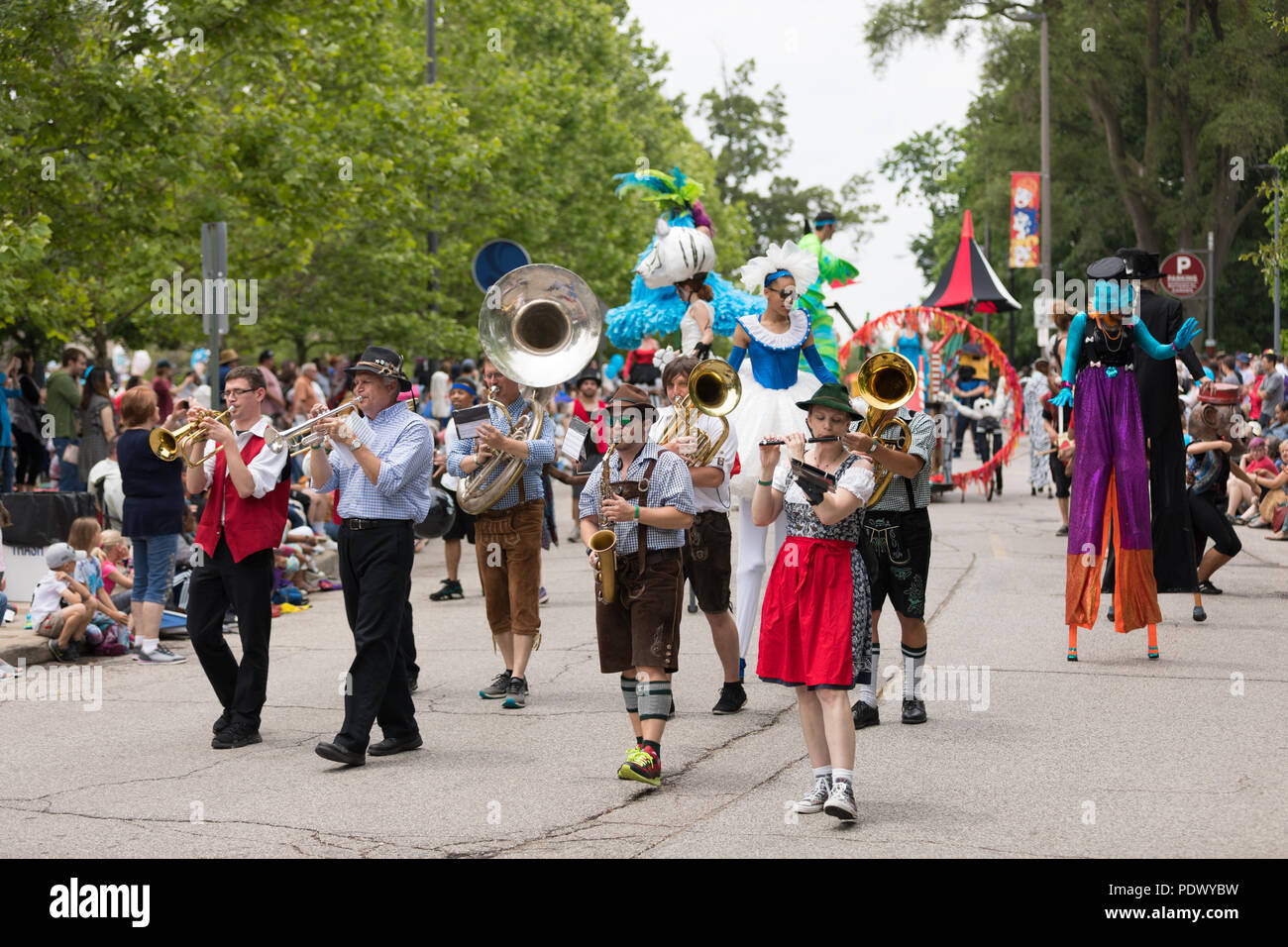Cleveland, Ohio, USA - June 9, 2018 A marching band wearing traditional ...