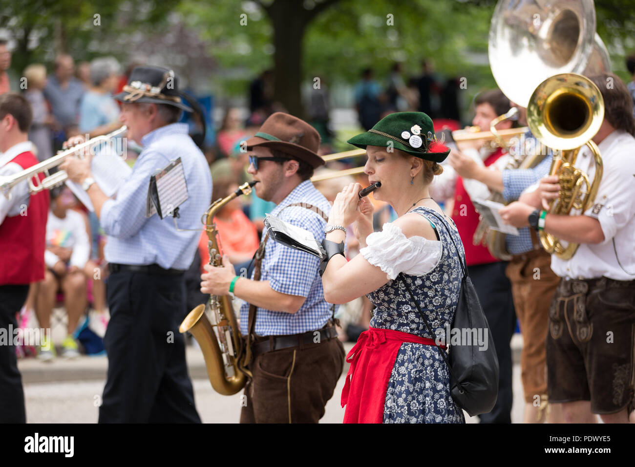 Cleveland, Ohio, USA - June 9, 2018 A marching band wearing traditional ...