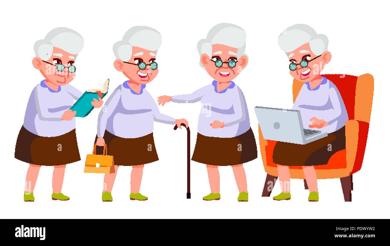 Old Woman Poses Set Vector. Elderly People. Senior Person. Aged. Active ...