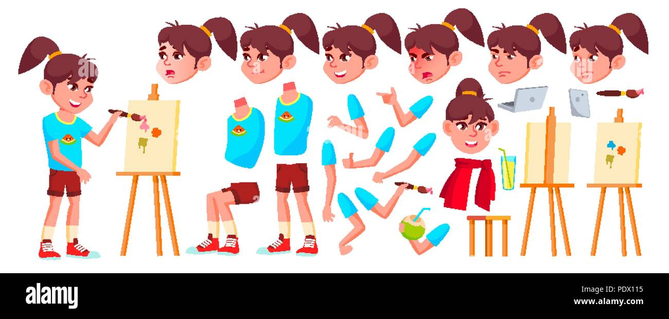 Girl Schoolgirl Kid Vector. High School Child. Animation Creation Set ...