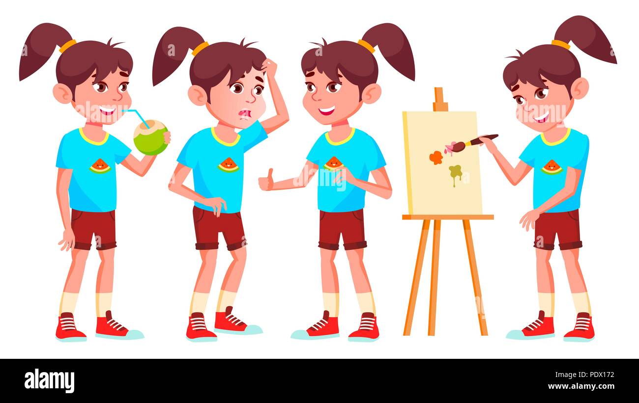 Girl Schoolgirl Kid Poses Set Vector. High School Child. Secondary ...