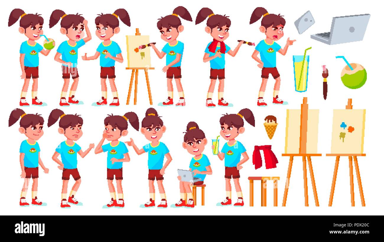 Girl Schoolgirl Kid Poses Set Vector. High School Child. School Student ...