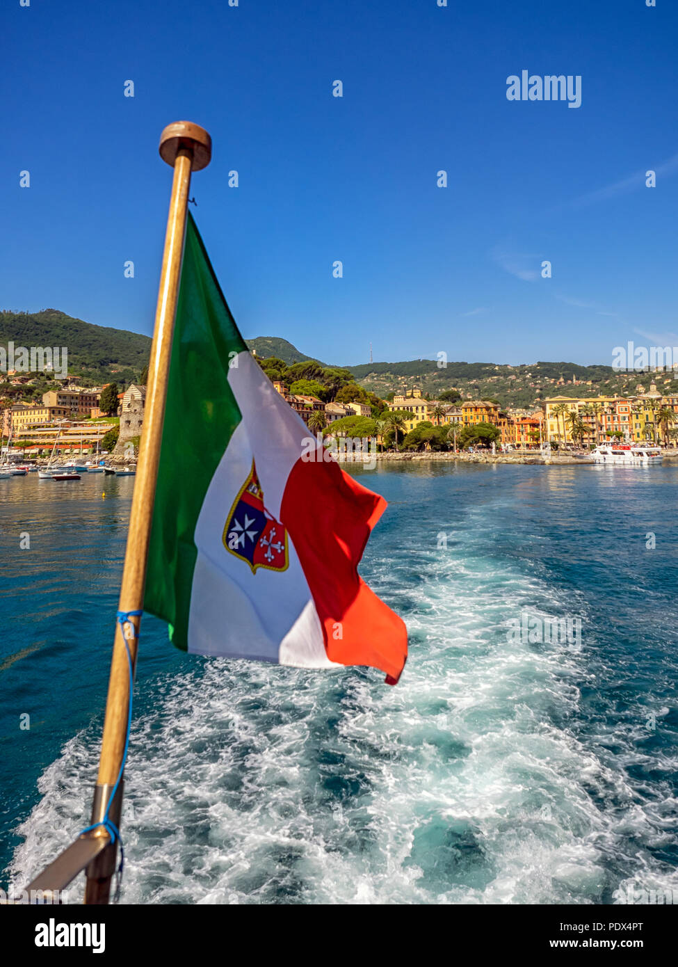 PORTOFINO, ITALY - MAY 19, 2018: Italian Civil Ensign Flag on rear of ...