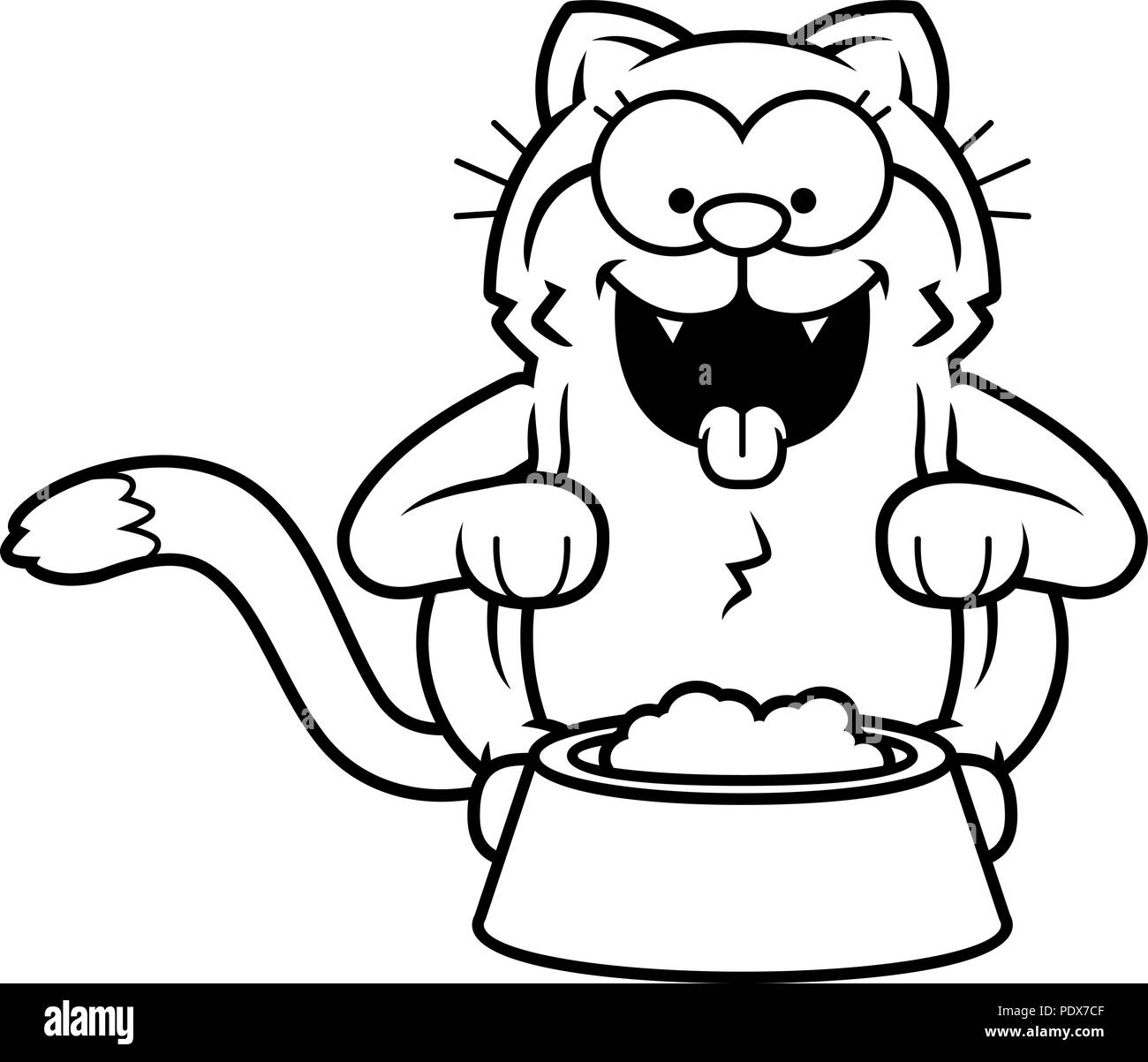A cartoon illustration of a little cat hungry with a bowl of food Stock ...