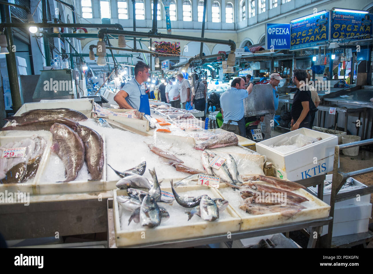 Athens, Greece. 10th Aug, 2018. Fresh fish is seen at Agora Market ...