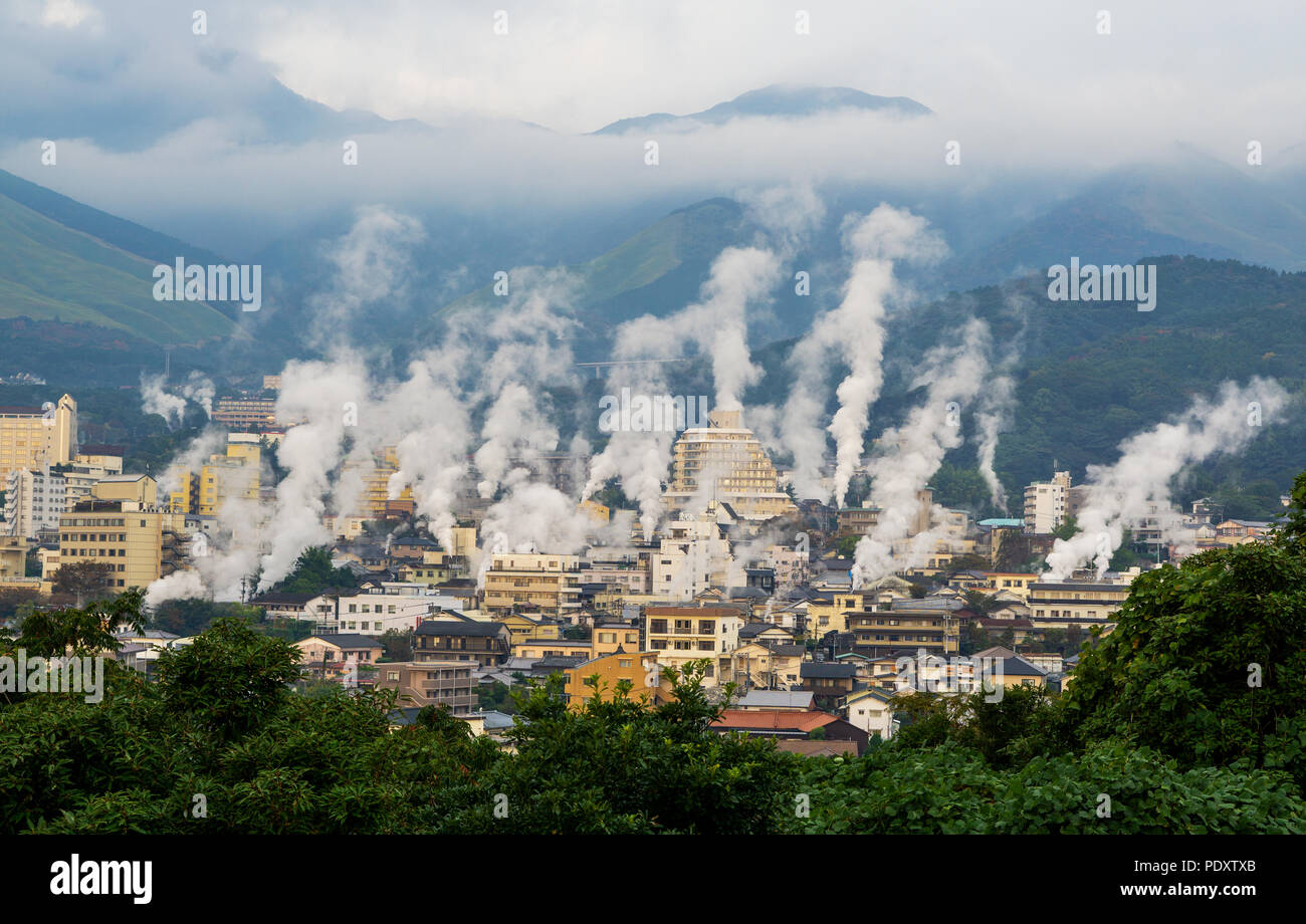 Beautiful scenery of Beppu cityscape with Steam drifted from public ...