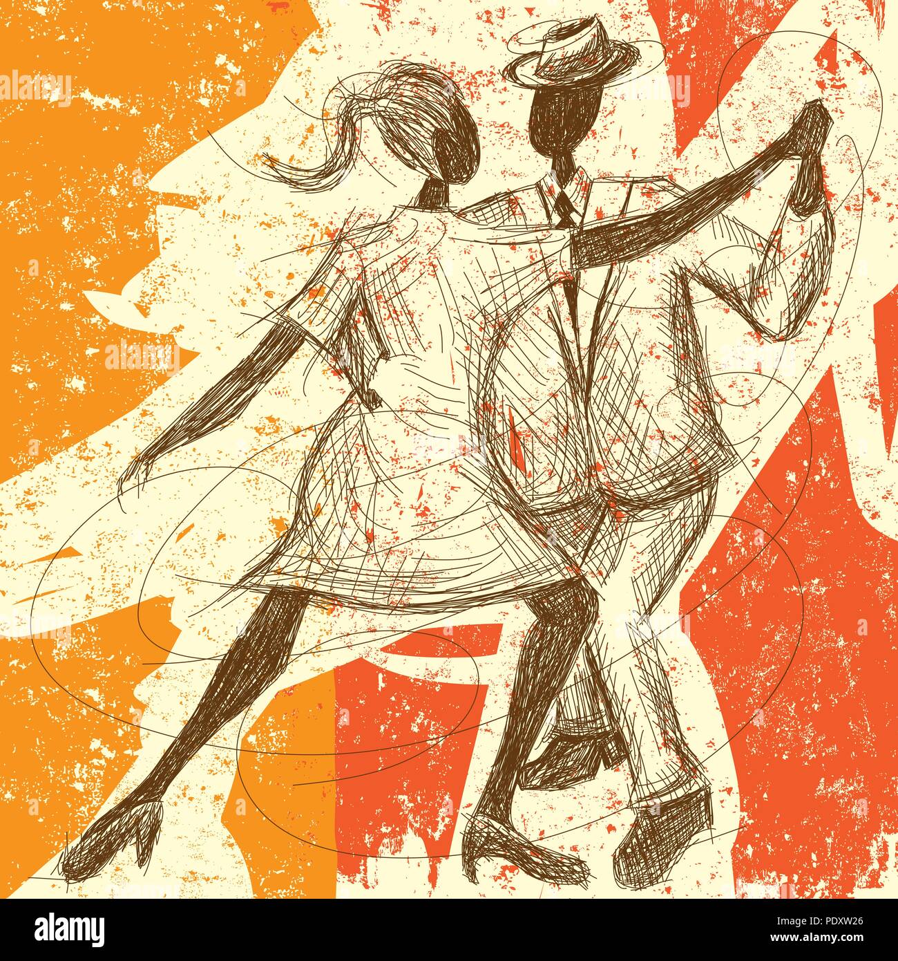 Tango Couple. A sketchy, hand-drawn couple dancing the tango over an ...