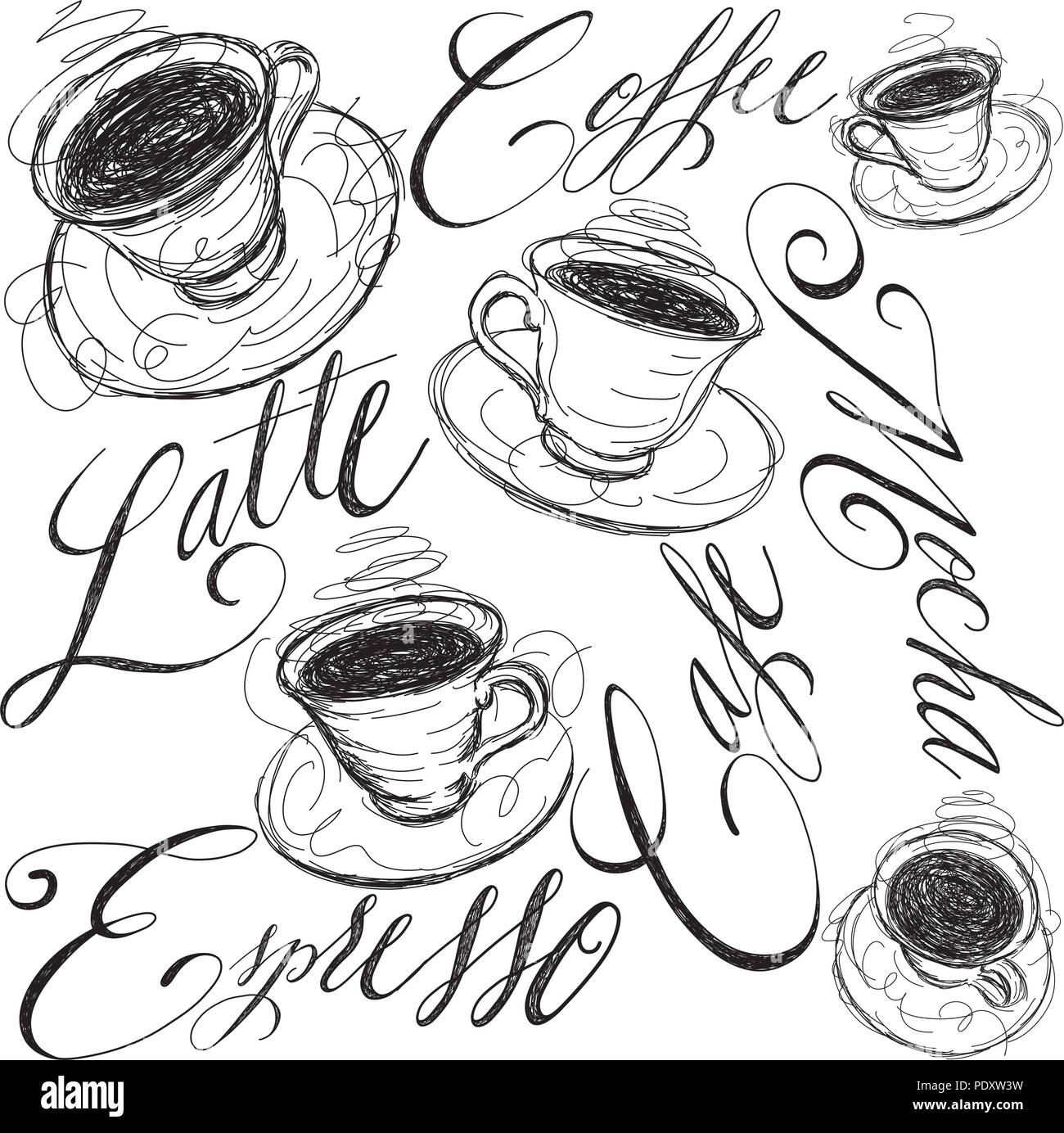 Coffee cups with calligraphy. Sketchy, hand drawn coffee cups with ...