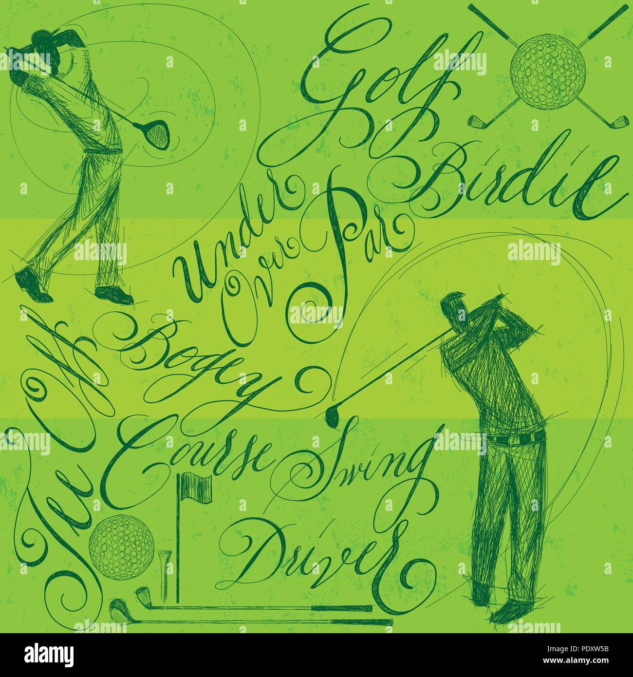 Golfers with calligraphy. Sketchy golfers swinging drivers along with ...