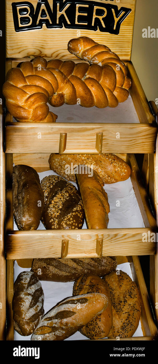 breads or bun on wood background in bakery, breakfast food Stock Photo ...