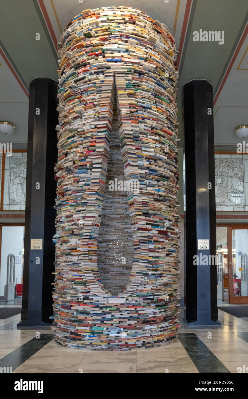 Book tower in Prague Central Library. Tower in circular form of ...