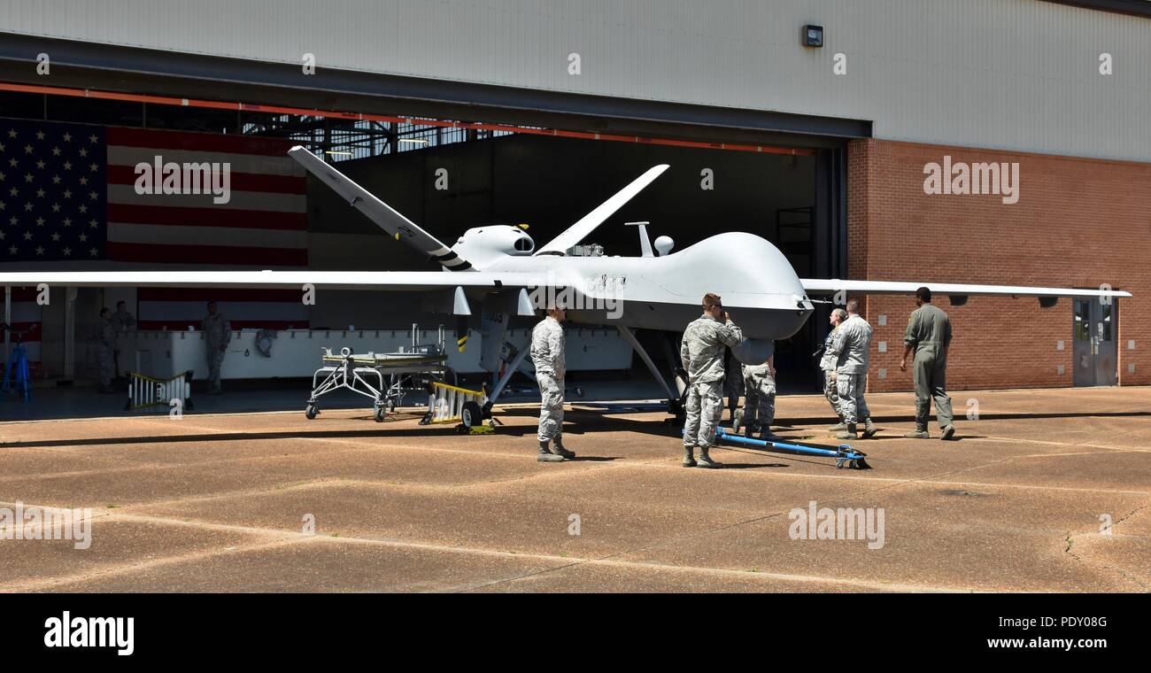 An Air Force MQ-9 Reaper drone on the runway at Columbus Air Force Base ...