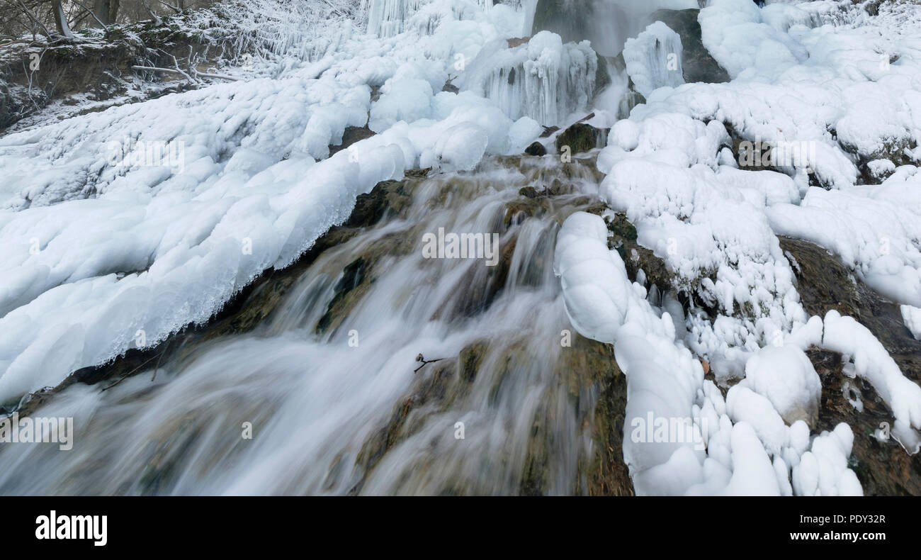 Bad Urach waterfall in winter, Swabian Alb, Baden-Württemberg, Germany ...