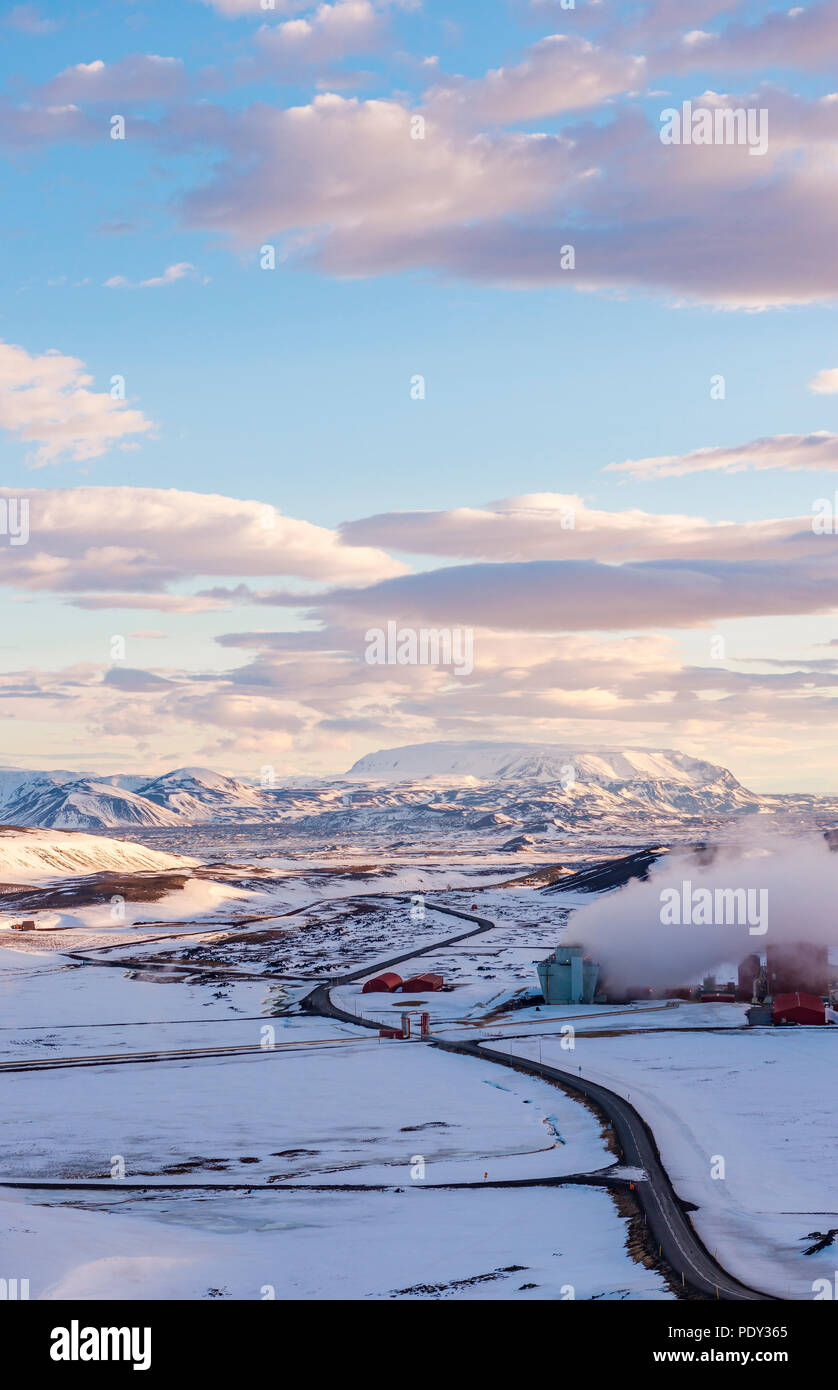 Evening mood, road through snowy volcanic landscape, Krafla Geothermal ...