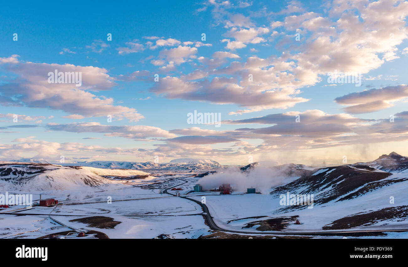 Evening mood, road through snowy volcanic landscape, Krafla Geothermal ...