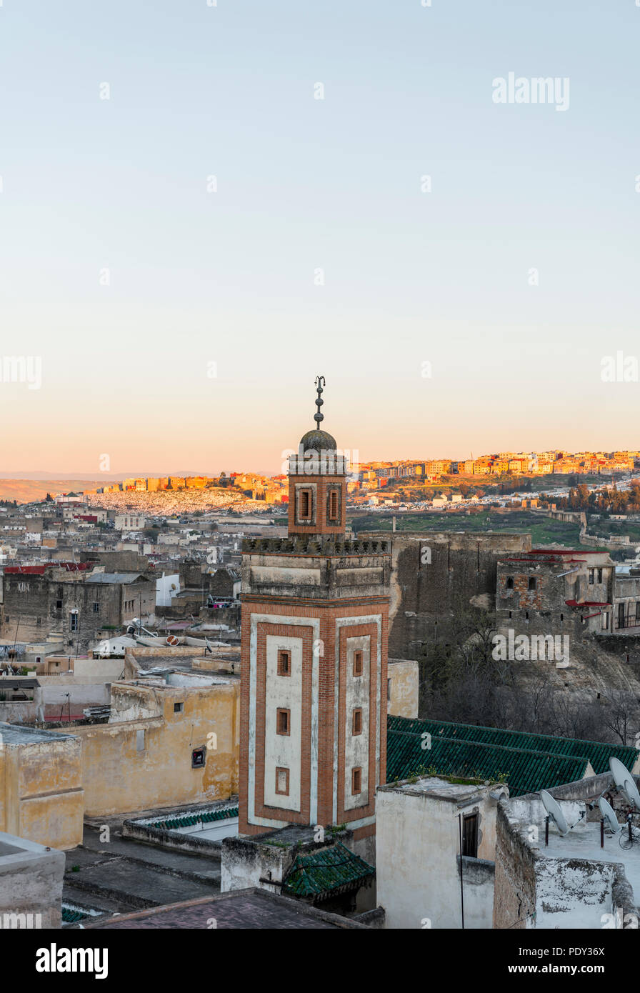 View of the old town, mosque with minaret, sunset, Fes-Boulemane, Fez ...