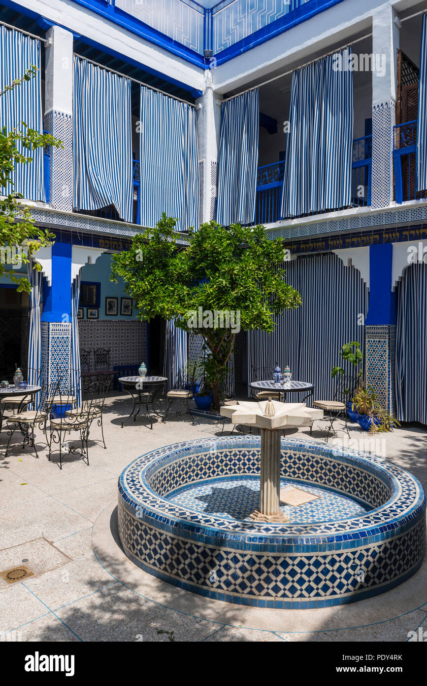 Blue tiles and fountain, courtyard of Synagogue Alzama, Derb Saka ...