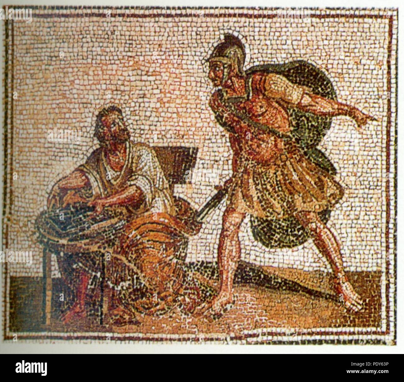 Archimedes before his death with the Roman soldier, Roman mosaic Stock ...