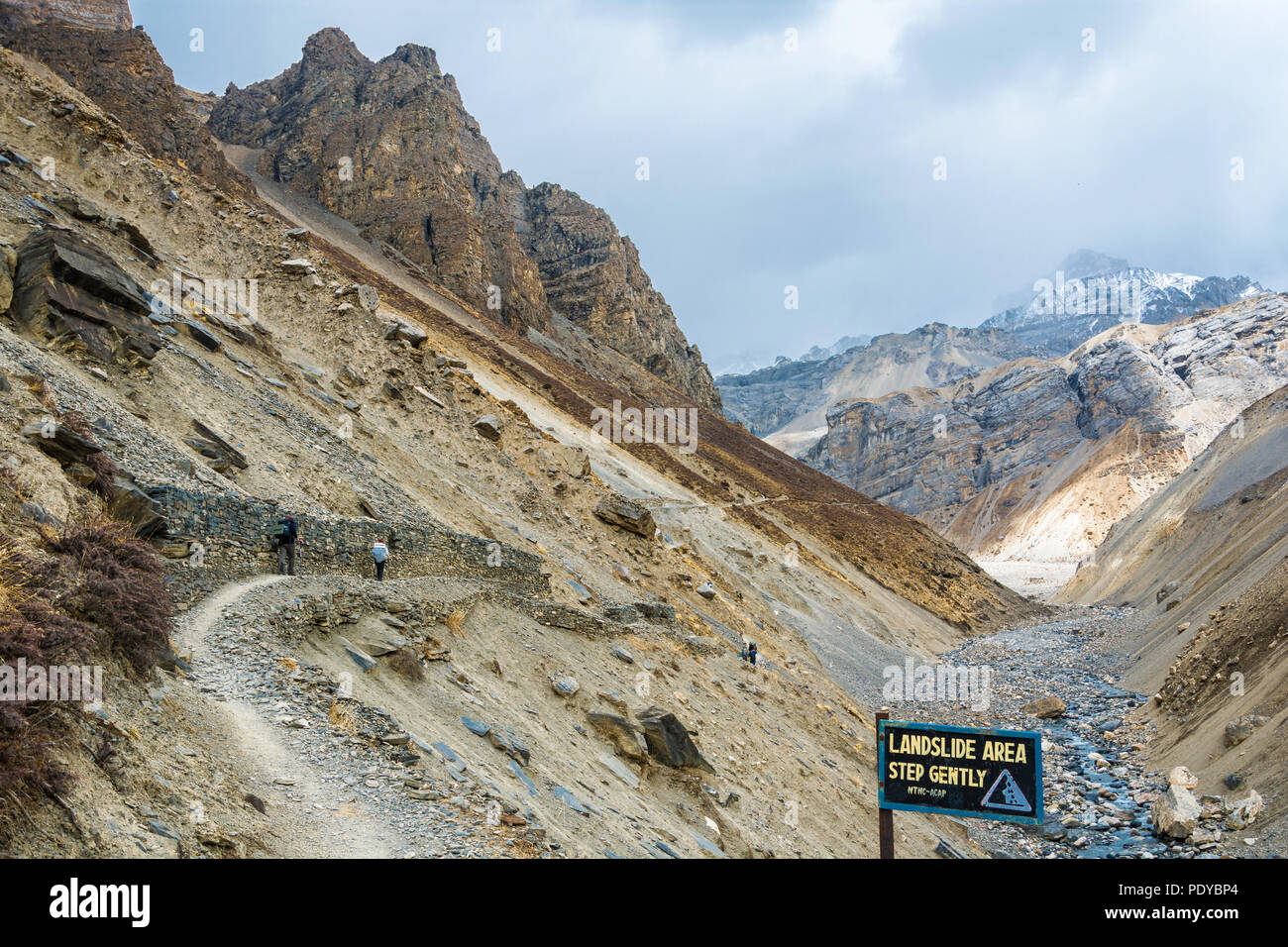 Brave tourists in the beautiful Himalayan mountains on a spring day ...