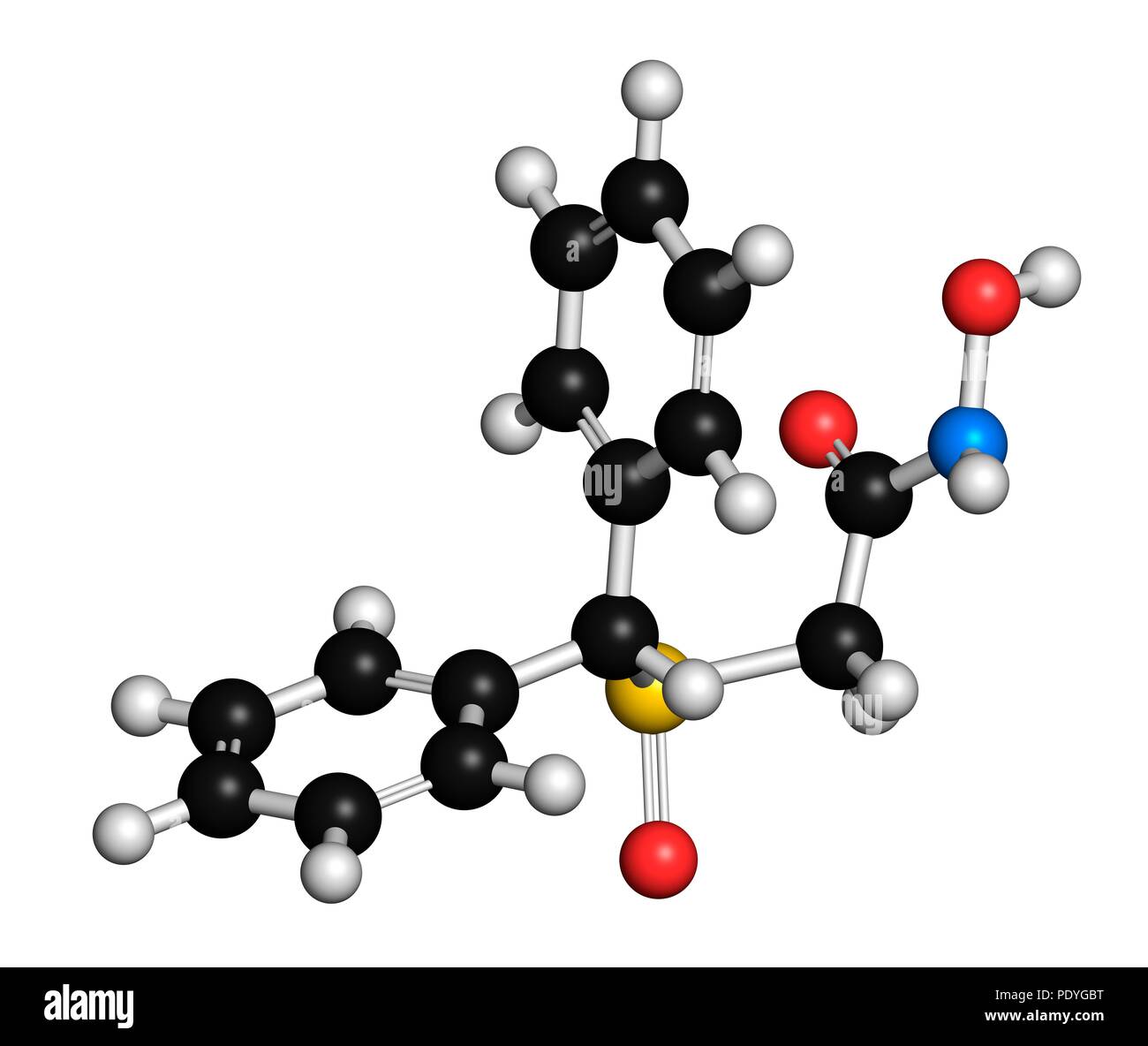Adrafinil drug molecule (withdrawn). 3D rendering. Atoms are ...