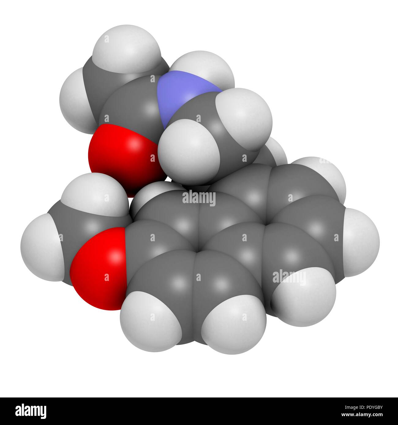 Agomelatine antidepressant drug molecule. 3D rendering. Atoms are ...