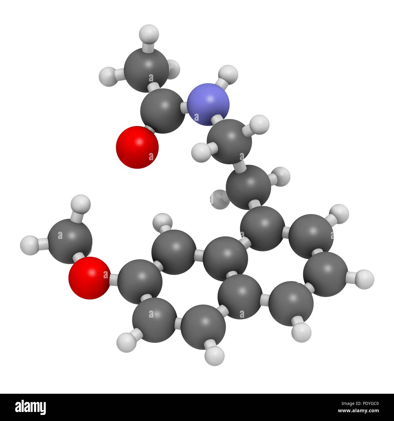 Agomelatine antidepressant drug molecule. 3D rendering. Atoms are ...