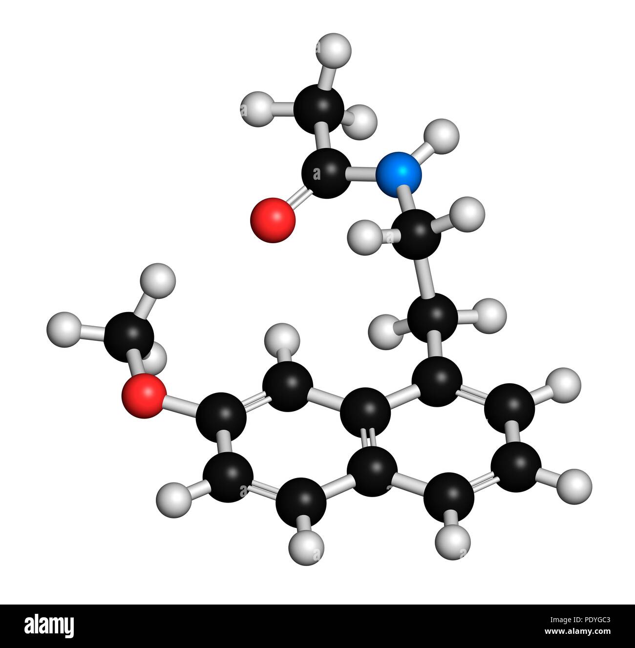 Agomelatine antidepressant drug molecule. 3D rendering. Atoms are ...