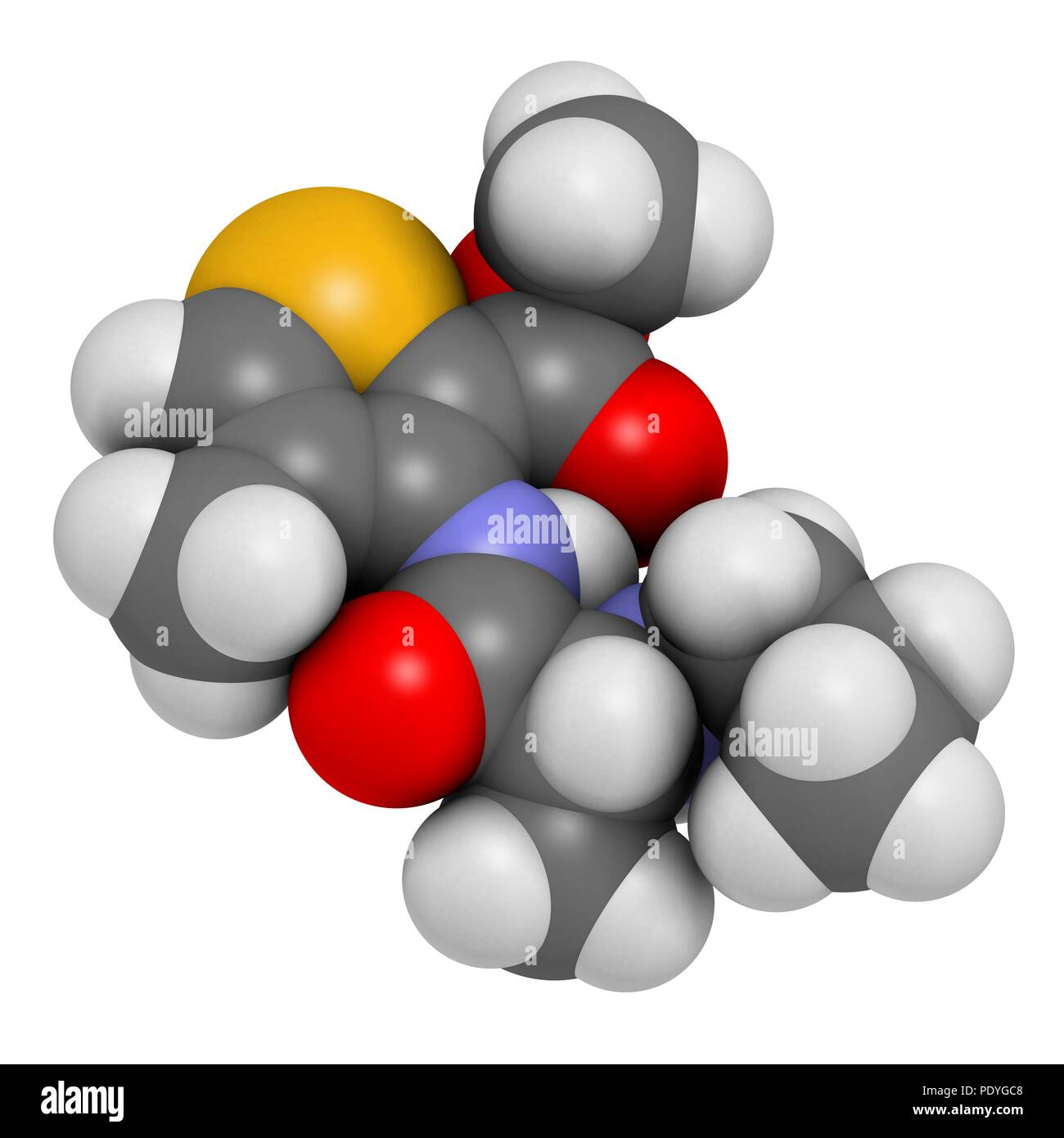 Articaine local anesthetic drug molecule. 3D rendering. Atoms are ...