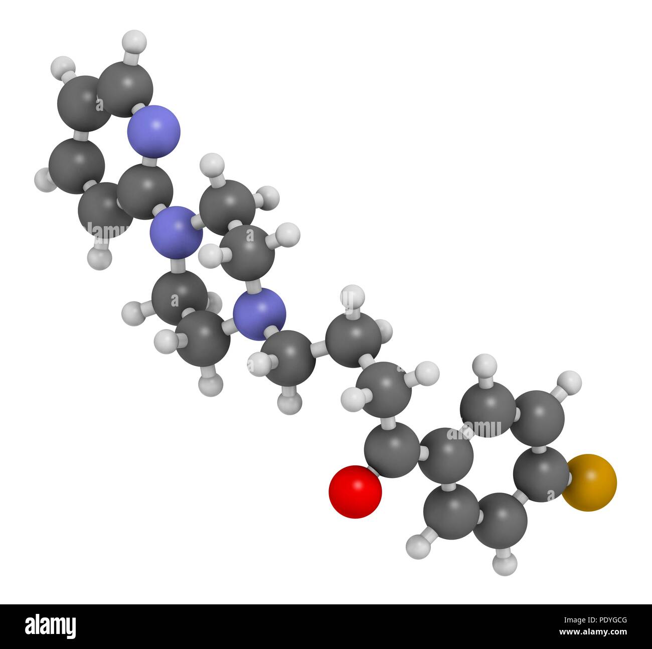 Azaperone antipsychotic drug molecule. 3D rendering. Atoms are ...